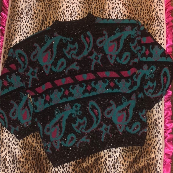 Vintage | Sweaters | Vintage Spunky Sweater Black Gold Pink Blue Teal ...